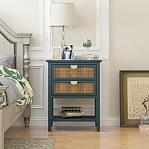 FRANSOUL Natural Rattan Nightstand Include 2 Drawes with Double-Section Track,End Side Table with Solid Wood Appearance,Suitable for Bedroom, Living Room, Study,Retro Green