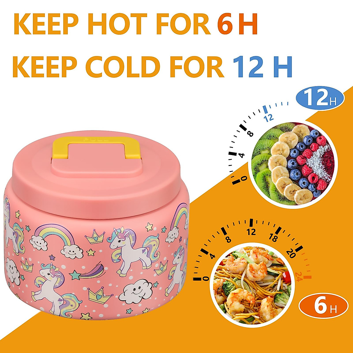 PIQUEBAR 8oz Kids Thermos for Hot Food,Small Lunch Thermos Food Container Stainless Steel,Easy Open Wide Mouth Thermo for Hot Cold Food for Preschool Travel (Pink Unicorns)