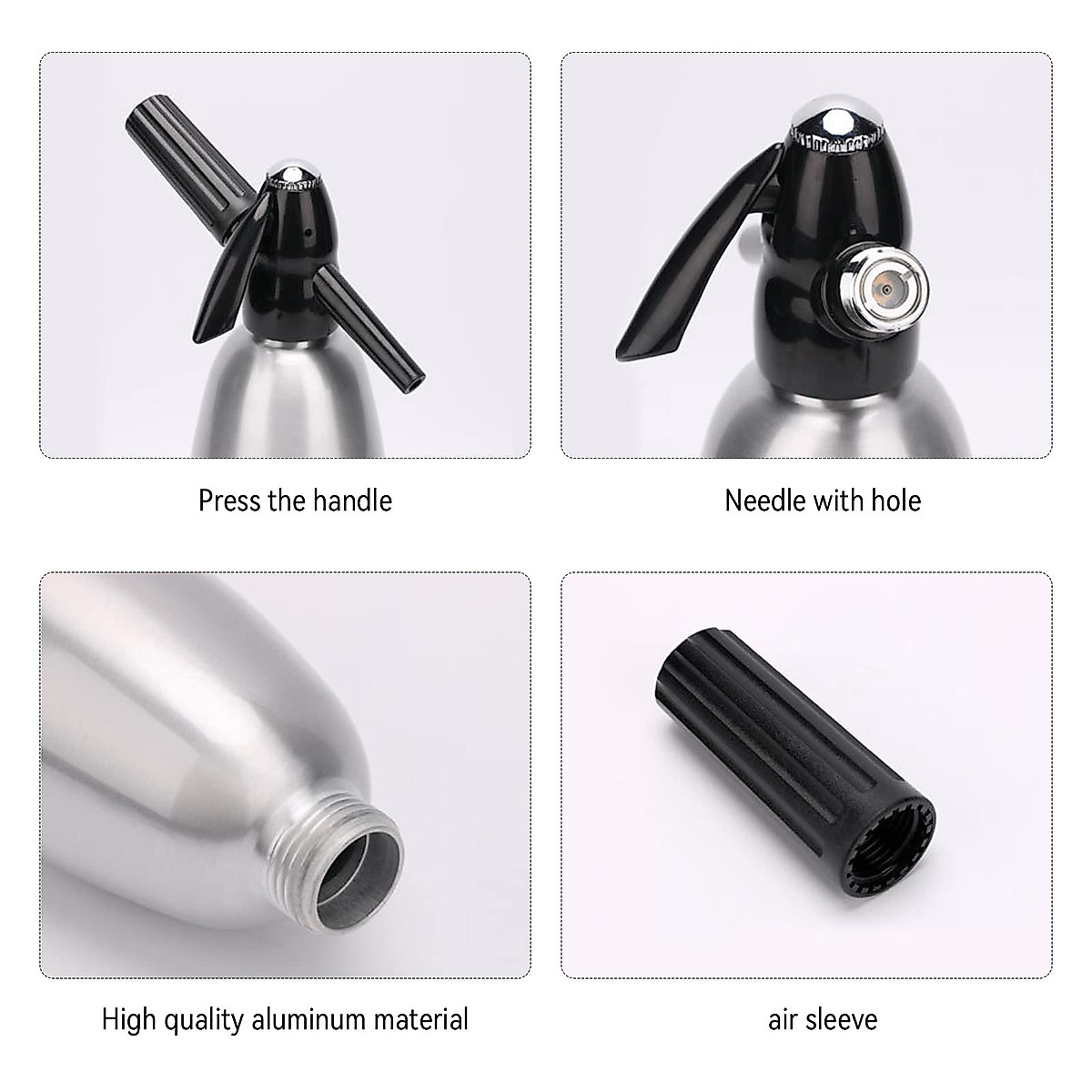 Sparkling Water Maker, 1L Soda Streaming Machine, Aluminum Soda Maker for Home, Portable Water Maker for Soda Water, Cocktails or Soda Water, 8 gram CO2 Cartridges(Not Included) (Silver)