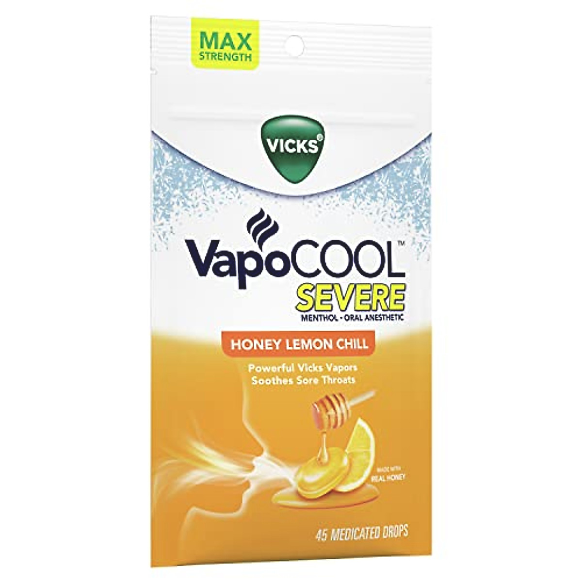 Vicks VapoCOOL Severe, Medicated Drops, Menthol Soothes Sore Throat Pain Caused by Cough, Honey Lemon Chill Flavor, 225 Drops (5 Packs of 45)