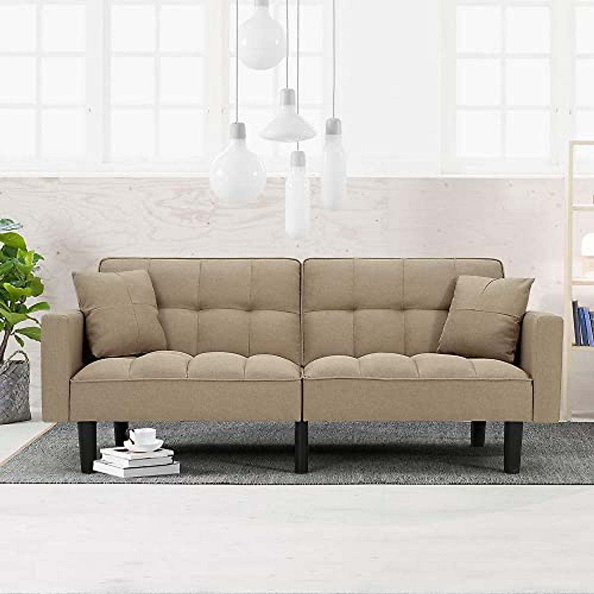 HOMHUM Convertible Sleeper Sofa Bed Modern Linen Fabric Couch Bed Futon Sofa Bed with 2 Pillows for Living Room, Apartment, Guest Room, Gentle Khaki