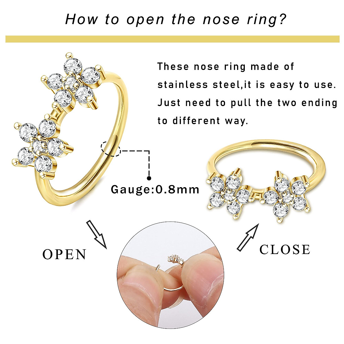 ORAZIO 9Pcs 20G Nose Rings Hoops For Women Surgical Steel Paved CZ Cartilage Earring Hoop Cute Butterfly Flower Nose Piercing Jewelry Silver Gold Black Rose Gold Nose Ring Hoop