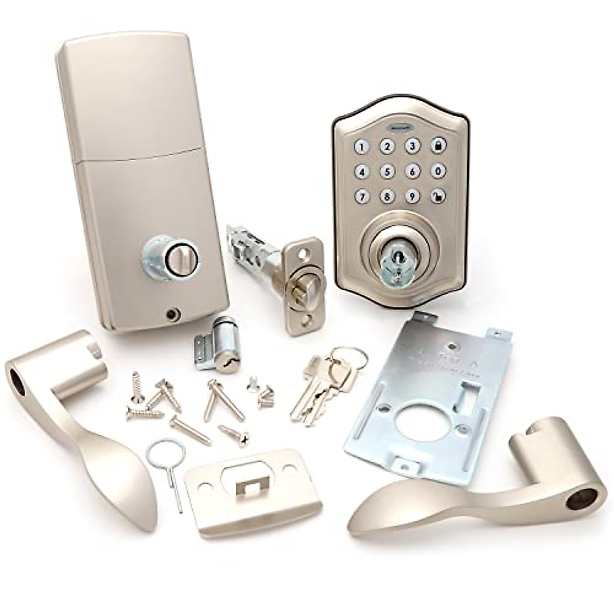 Honeywell Safes & Door Locks - Keyless Entry Lever Door Lock Handle with Electronic Keypad - Easy to Install for Front Door Lock with Code - 50 User Pin Codes - Satin Nickel, 6.5 x 8.8 x 9 in, 8734301
