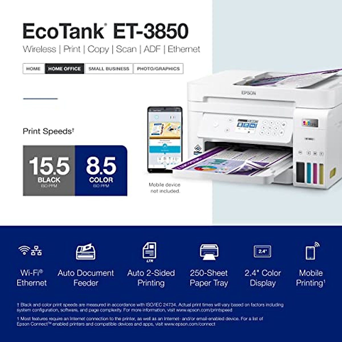 Epson EcoTank ET-3850 Supertank All-in-One Wireless Color Inkjet Printer - Print Scan Copy - 2.4" LCD, 15.5 ppm, 4800 x 1200 dpi, 30-Sheet ADF, Auto 2-Sided Printing, Voice Activated, Ethernet