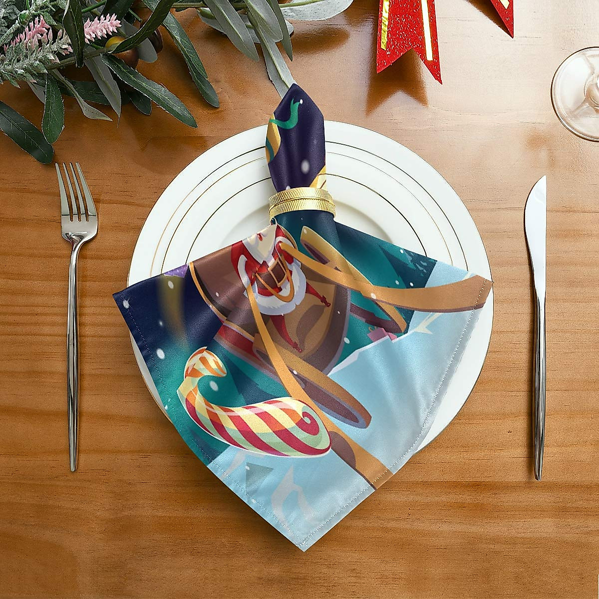 Aslsiy Christmas Santa Presents Sleigh Cloth Napkins Set of 6 Winter Forest Soft 20 x 20 Inch Dinner Table Napkins Comfortable Polyester Napkin for Kitchen Home Wedding Party Holiday Decor