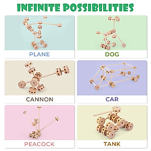 NiToy Wooden Building Blocks 60PCS Montessori STEM Toy for Kids 6+, Natural Wood Splicing Joints and Sticks Educational Sensory Tinker Creative 3D Playset Stacking Game