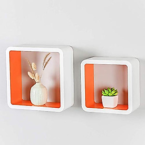 Homewell Set of 2 Cube Floating Shelves, Wood Wall Shelves for Home Decoration, Storage Display Rack, White+Orange.