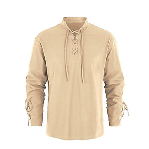 Mens Medieval Pirate Shirt Steampunk Retro Renaissance Viking Long Sleeve Lace Up Mercenary Halloween Scottish Tops Beige