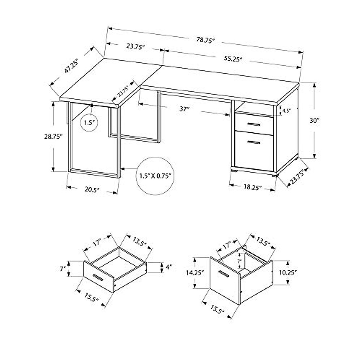 Monarch Specialties I 7255 Computer Desk, Home Office, Corner, Left, Right Set-up, Storage Drawers, 80"L, L Shape, Work, Laptop, Metal, Laminate, Brown, Grey