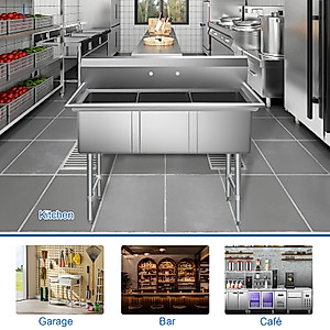 HARDURA Stainless Steel Kitchen Sink With 3 Compartments, Commercial Sink Freestanding NSF Certified Utility Basin 10" L X 14" W X 10" D Bowl For Kitchen & Restaurant, Laundry Room