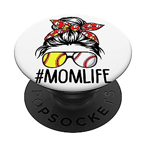 Dy Mom Life Softball Baseball Mothers Day Messy Bun PopSockets Swappable PopGrip