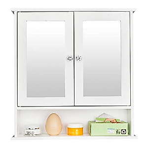 Wall Cabinet Hanging Bathroom Storage Organizer Wall Mount Bathroom Cabinet Wooden Medicine Cabinet Cupboard Storage Organizer with 2 Doors and 1 Shelf (Ship from USA)