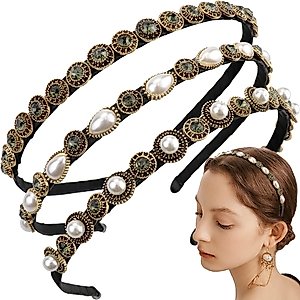 NAIHOD 3 Pcs Pearls Rhinestones Thin Headbands for Women Girls Luxury Vintage Hair Bands for Women's Hair with Cloth Wrapped Metal Hair Hoop Baroque Headpiece Elastic Head Bands