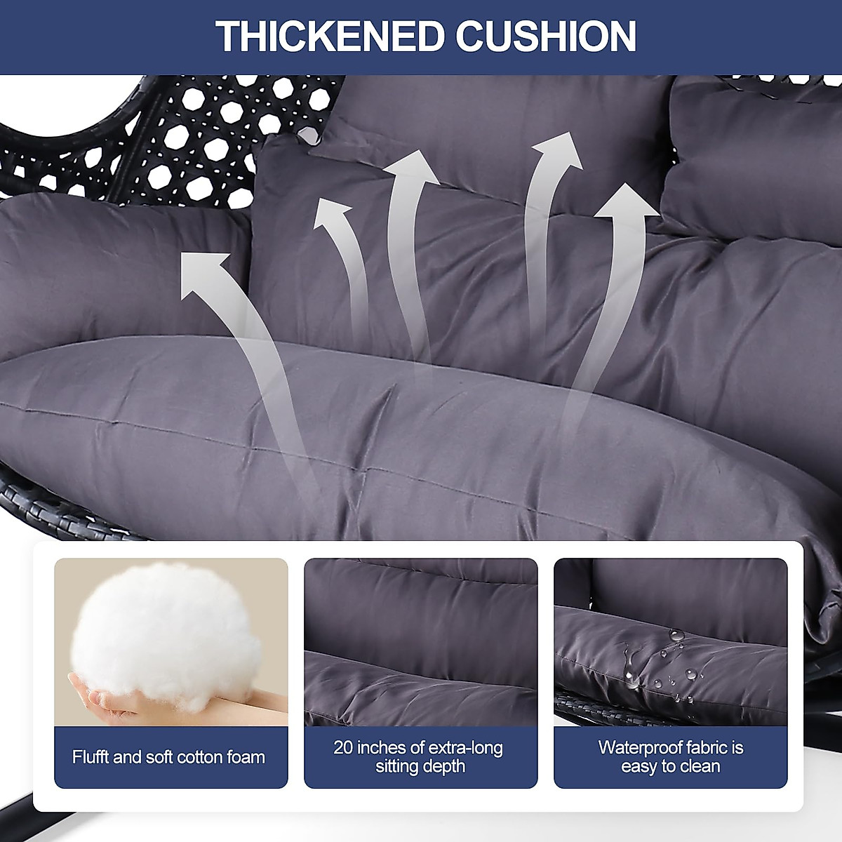 JESE Double Swing Egg Chair with Stand Indoor Outdoor,UV Resistant Cushion 2 People Hanging Anti-Rust Wicker Rattan Frame 530 lbs Capacity Oversized Hammock for Patio Bedroom Balcony，Black