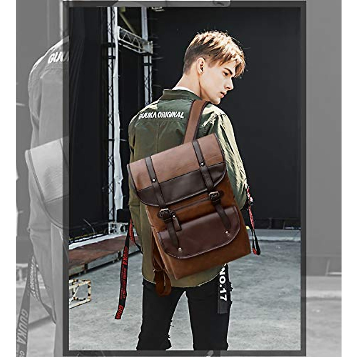 FANDARE Unisex Backpack Waterproof PU Daypack Boy Girl Daily Packs School Bag for 14 inch Laptop Teens Lightweight College Bag Women Men Knapsack Outdoor Travel Camping Hiking Rucksack Khaki