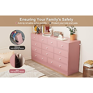 GarveeHome 12 Drawer Dresser for Bedroom, 61 Inch Wood Dresser with Power Outlet, Wide Dresser Chest of Drawers for Living Room, Hallway, Tall Dressers with Smooth Metal Rail, Large Storage, Pink