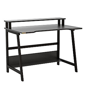 YQ JENMW 31.5 Inch Small Desk, Small Computer Desk for Small Spaces, Modern Writing Table with Monitor Storage Shelf, Compact Laptop Desk for Home Office and Study, Black