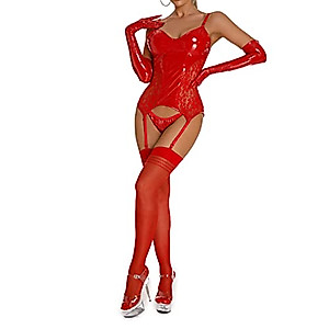 Jhaoyu Womens Latex Garter Bustier Tops with G-String Thong Set Wetlook PU Leather Catsuit Sexy Lingeries Red 3X-Large