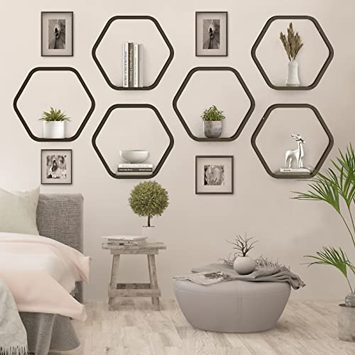 Hexagon Floating Shelves Metal Hexagonal Shelves Wall Mount Honeycomb Storage Shelves Set of 10 Modern Floating Black Display Rack for Wall Decor Geometric Hanging Shelf in Farmhouse Bed/Living Room