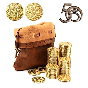 50 PCS Gold Coins & PU Leather Bag, DND Metal Coins, Fantasy Coins Treasure for Board Games, Fake Coins As Game Tokens for Dungeons & Dragons, Tabletop TTRPG Games Medieval Retro Accessories Addons