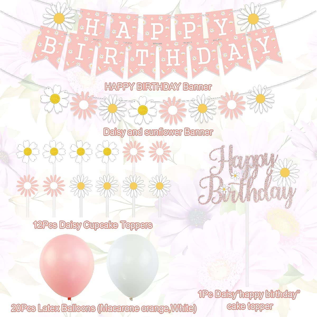 Daisy Flower Birthday Party Decorations, Daisy Happy Birthday Banner Daisy Flower Birthday Cake Cupcake Toppers for Hippie Themed Daisy Party Girl Baby Shower Birthday Boho Daisy Birthday Supplies