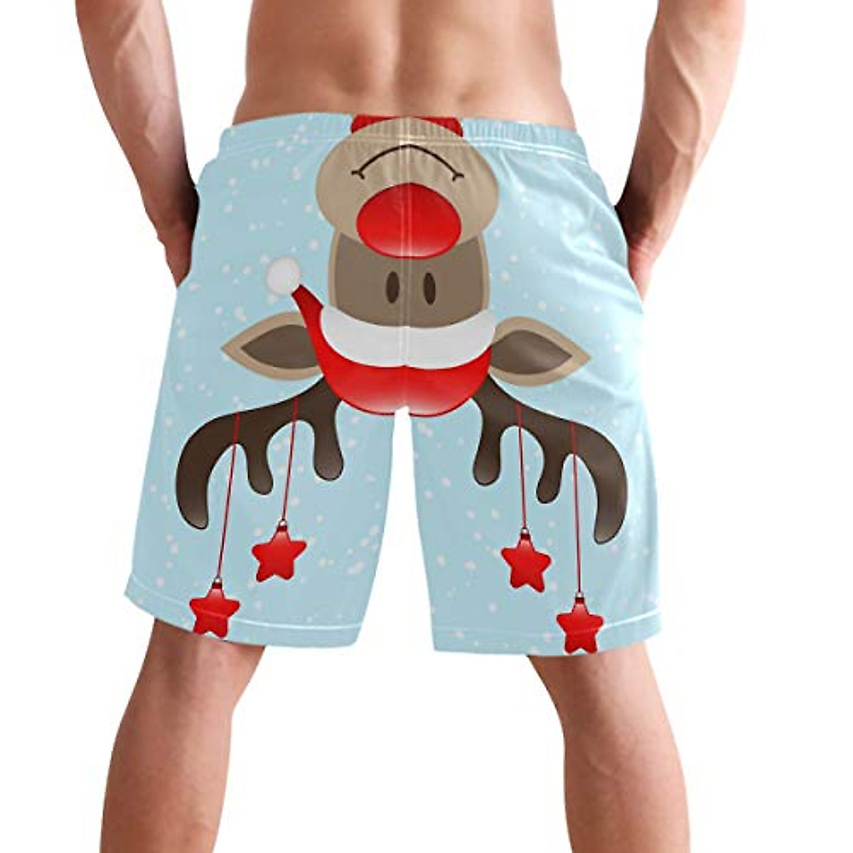 visesunny Christmas Men's Beach Short Funny Reindeer with Hanging Stars Snow Blue Swim Trunks Sports Running Bathing Suits