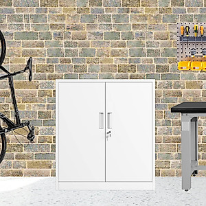 JINKUR Metal Storage Cabinet with Locking Doors and 2 Adjustable Shelves, Small Lockable Steel Storage Cabinets for Home Office Garage Kitchen Pantry (White)