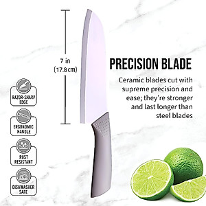 Beolee.Dan Ceramic Santoku Knife 7 Inch - High-Precision Ceramic Blade for Meats, Fruits, and Vegetables - Durable Ceramic Blade with Protective Sheath - Ceramic Knives (Sky Grey)