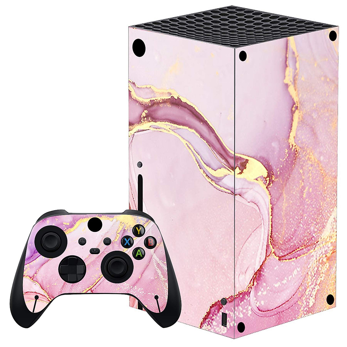 PlayVital Cosmic Pink Gold Marble Effect Custom Vinyl Skins for Xbox Series X, Wrap Decal Cover Stickers for Xbox Series X Console Controller