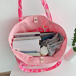 Women's Large Capacity Casual Totes Y2k Aesthetic Pink Leopard Shoulder Bag Cute Canvas Bags Bucket Handbag Office School Bookbag (Pink)