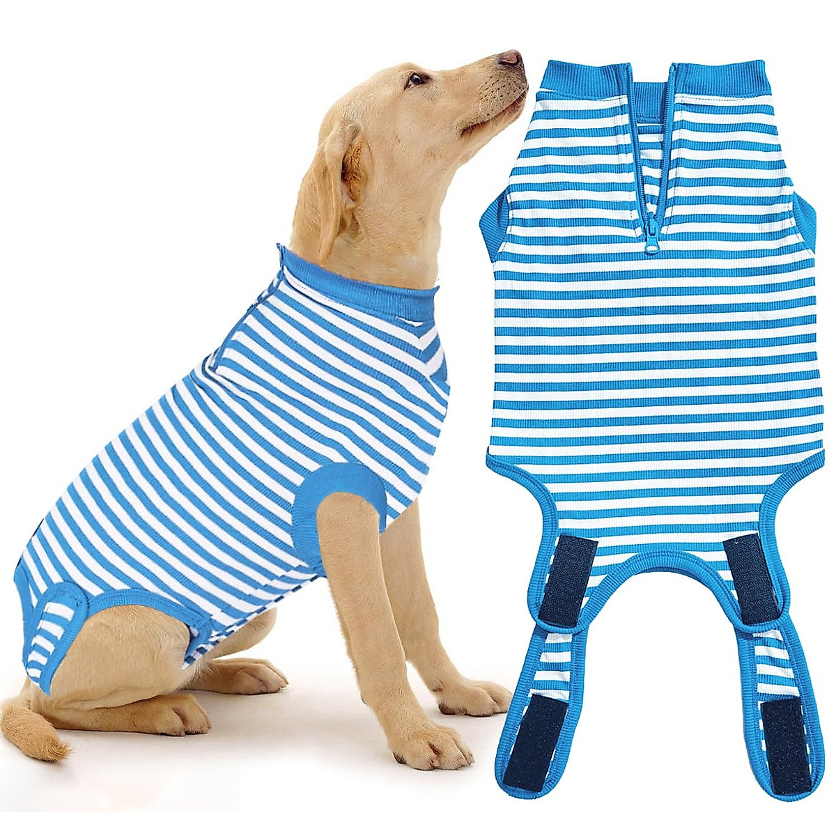 Wabdhally Dog Surgery Recovery Suit,Surgical Suit for Large Female Spay,Soft Combed Cotton,Blue Striped Zipper Onesie XXL