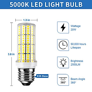 RIUVAO LED Corn Light Bulb 200w Equivalent 2500 Lumen 5000K Cool Daylight White 20W E26/E27 Base Ceiling Fan Led Light Bulb for Home Garage Warehouse Indoor Outdoor Led Corn Bulb Pack of 4