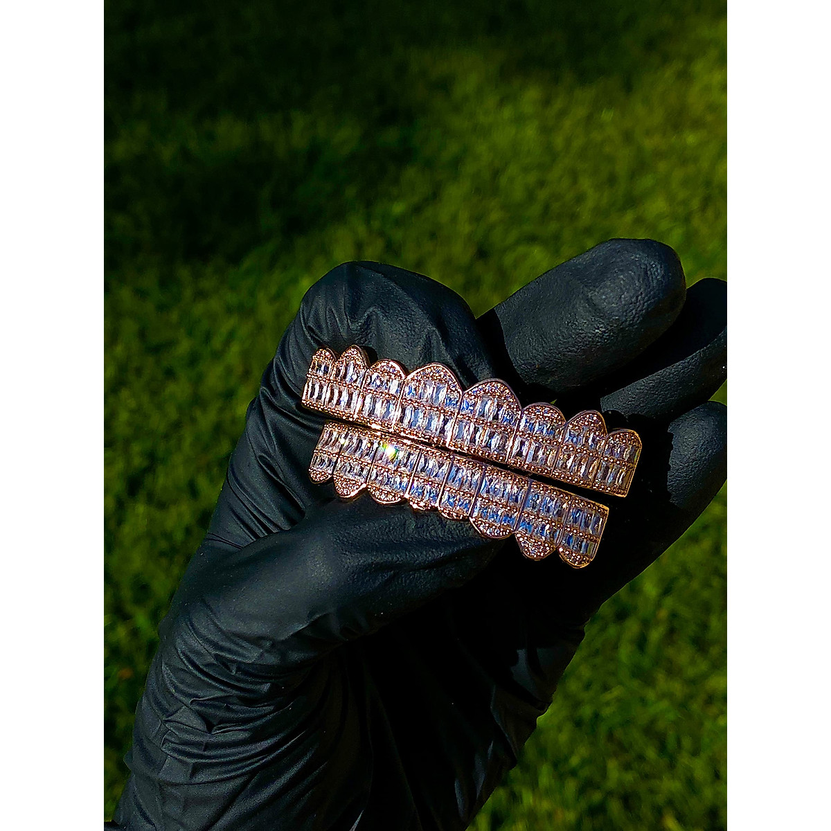 14k Rose Gold Baguette Joker Pink Grillz for Mouth Top Bottom Hip Hop Teeth Grills for Teeth Mouth Grillz for Mouth Top Bottom Hip Hop 8 Teeth Prong Set Cz Diamonds Grills for Tooth