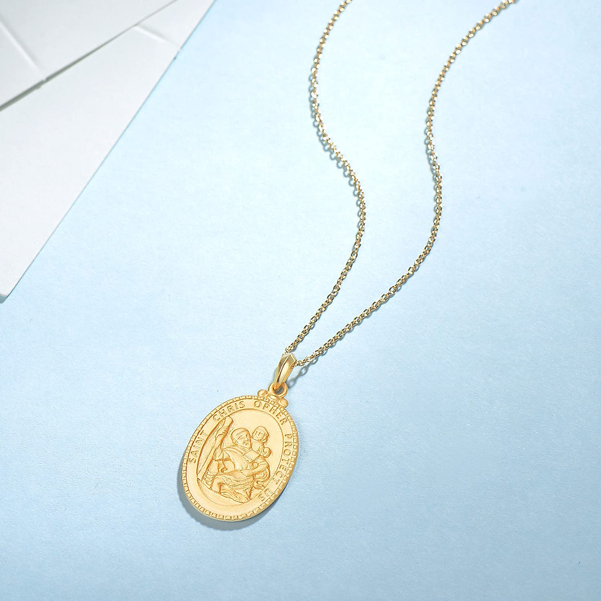 FANCIME Saint Christopher Pendant 925 Sterling Silver Yellow Gold Plated Round Coin Medal Necklace Jewelry Gift for Women, 16" + 2" Chain with Lobster Clasp
