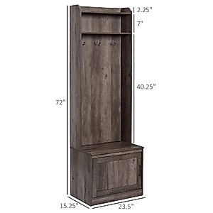 HOMCOM Narrow Hall Tree with Shoe Storage Bench, Rustic Entryway Bench with Coat Rack, Accent Coat Tree with Storage Shelves for Hallway, Mudroom, Brown