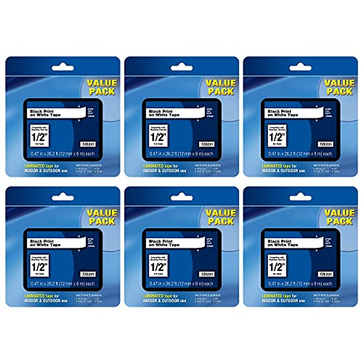 T-Ze231 Compatible Label Tape Replacement for Brother PTouch TZe-231 TZe231Tape, 6 Packs 0.47" x 26.2'(12mm x 8m), Black on White