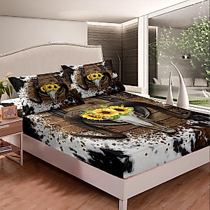Castle Fairy Bull Head Cowhide Bed Sheet Set for Kids Boys Adults,Rustic Horseshoe Western Tropical Sunflowers Cow Print Fitted Sheet Set Queen 3 Pcs,Western Farmhouse Style Soft Microfiber Sheet Set