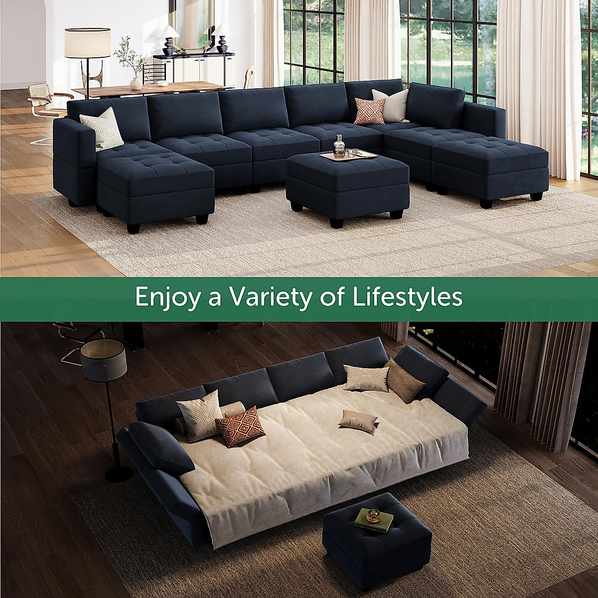 HONBAY U Shaped Modular Sectional Couch with Storage Velvet Sectional Couches for Living Room Blue