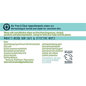 Seventh Generation Free & Clear Baby Wipes with easy open top, 64 count packs (pack of 12) (768 wipes)