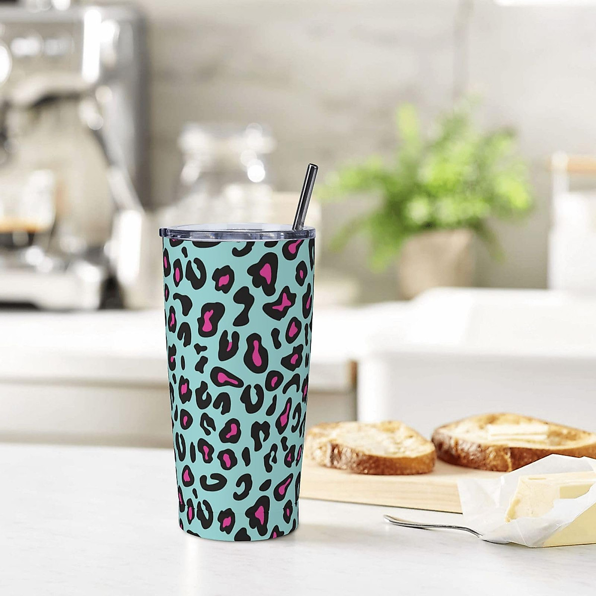 JASROTAO Blue Pink Leopard Tumbler,Leopard 20oz Stainless Steel Insulated Travel Tumbler,Travel Coffee Mug with Lid and Straw Water Bottle Drink Tumbler Cups Gifts for Women Men Lovers