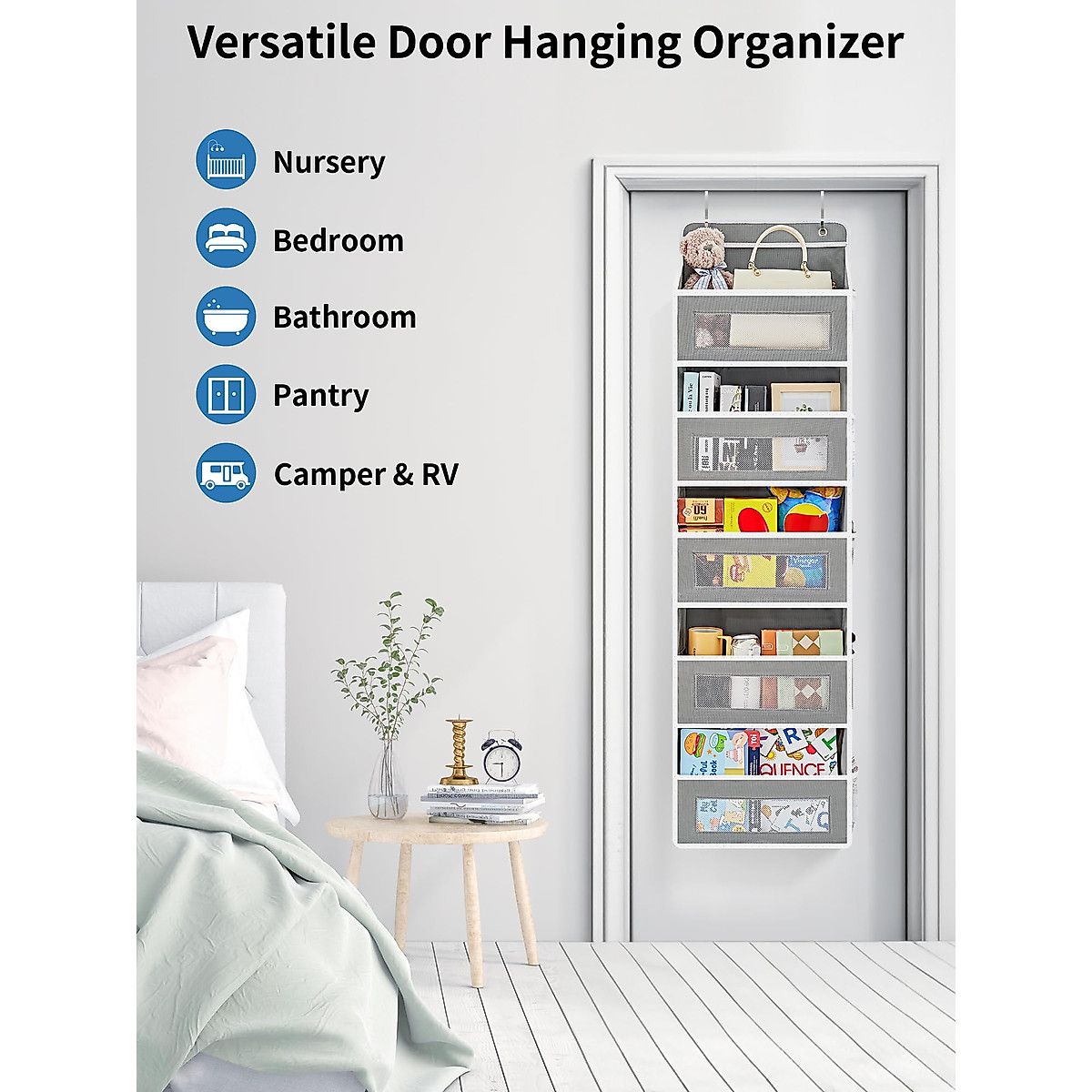 JARLINK Over The Door Organizer Storage, 5 Shelf Hanging Door Organizer with 5 Large Capacity Pockets, Anti Tilt 44 lb Load Behind Door Organizer for Bedroom, Bathroom, Pantry, Nursery, (Grey)