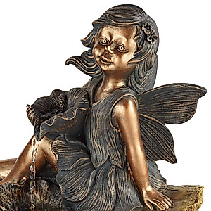 Bronze Garden Fairy Fountain with Light LED Indoor Outdoor Water Feature 24" High Cascading Resin Sculpture for Garden Patio Yard Deck Home Lawn Porch House Relaxation Exterior - John Timberland
