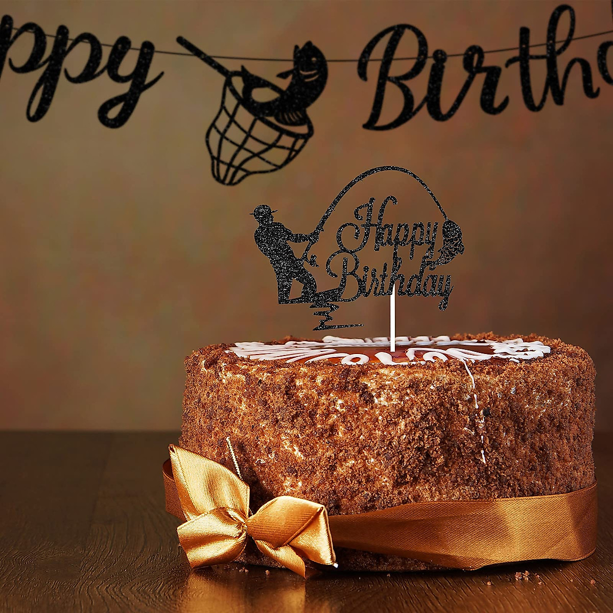 3 Pieces Fishing Birthday Banner Decoration Fisherman Cake Topper Triangle Banner Glitter Fishing Happy Birthday Cake Decoration for Men Boys Kids Black Go Fishing Theme Birthday Party Supplies