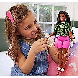 Barbie Fashionistas Doll #144 with Long Brunette Braids Wearing Neon Green Animal-Print Top, Pink Shorts, White Sandals & Earrings, Toy for Kids 3 to 8 Years Old
