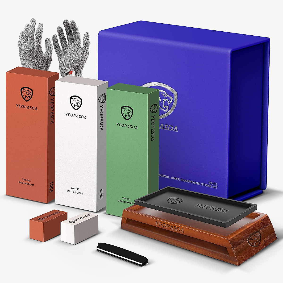 Extra Large Knife Sharpening Stone Kit - YEOPASDA Thicker 3 Side Grit 400/1000/6000 Wet Stone - Whetstone Knife Sharpener Stone Set with Non-Slip Wood Base, Angle Guide, Cut Resistant Gloves