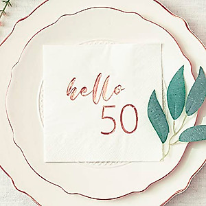 Crisky Rose Gold Hello 50 Cocktail Napkins for Women 50th Birthday Decorations, 3-Ply 50th Birthday Disposable Cake Beverage Dessert Napkins, 50 Pcs