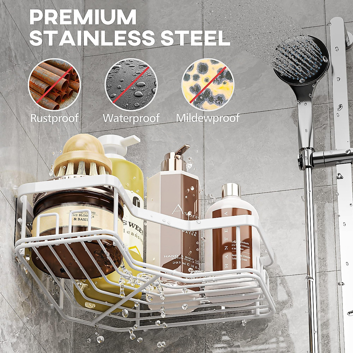 CTRLWQA Shower Caddy 5 Pack,Adhesive Corner Shower Caddy Shower Organizer for Bathroom Storage&Home Decor&Kitchen,No Drilling,Large Capacity,Rustproof Stainless Steel Bathroom Organizer (White)