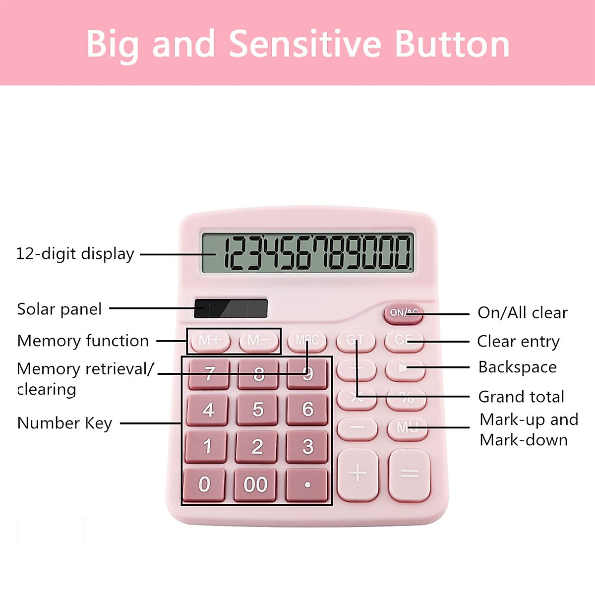 Podokas Office Calculators Desktop, 12-Digit Battery Dual Power Cute Calculator with Large LCD Display Big Button for Office Home and School (Pink)