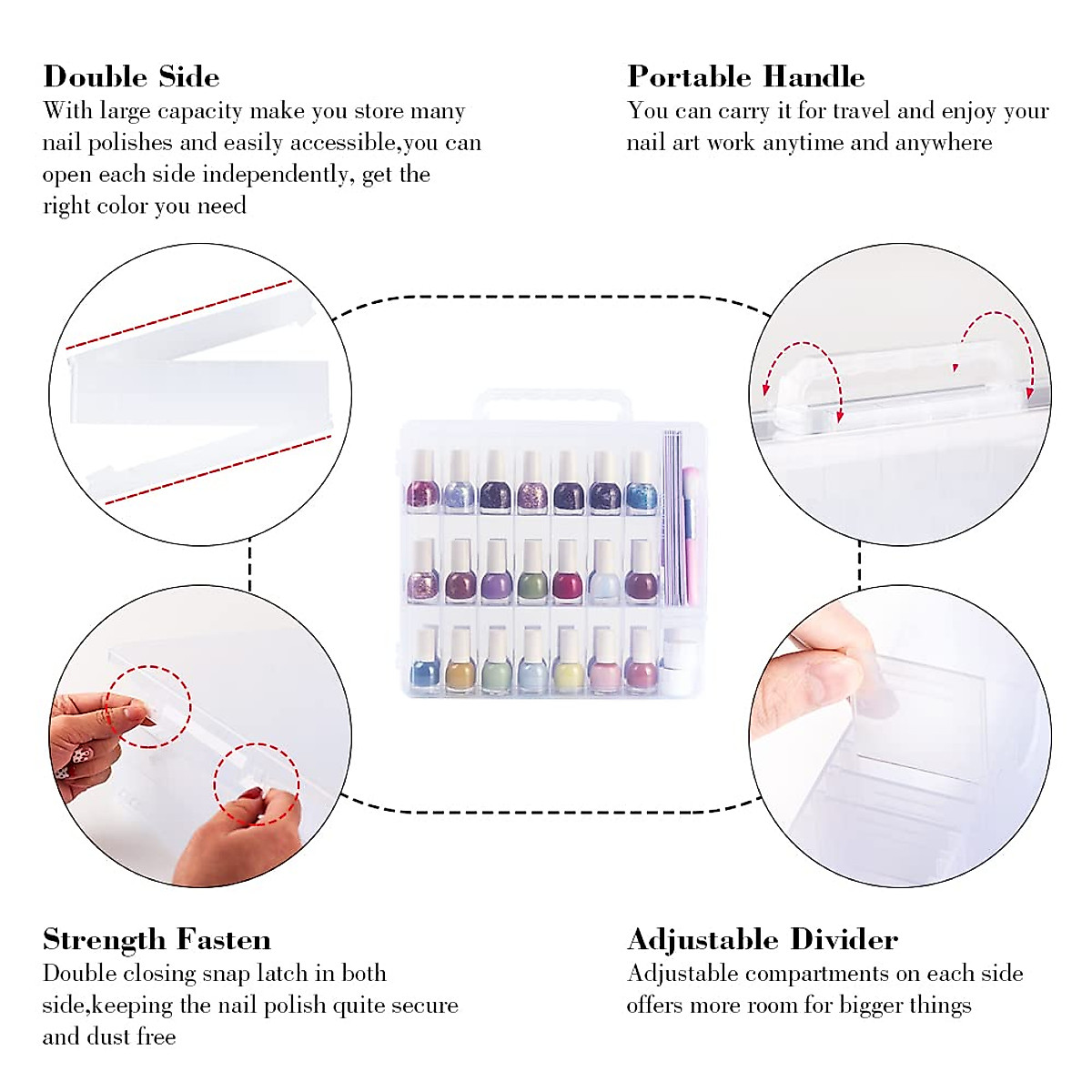 OVX Universal Gel Nail Polish Organizer Storage Portable Carrying Case Holder for 48 Bottles Double -Sided Adjustable Dividers Space Saver with 2 Toe Separators