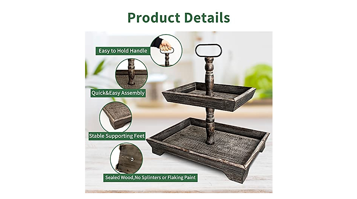 Farmhouse Decor 2 Tiered Tray - Rustic Wooden Stand for Home & Kitchen